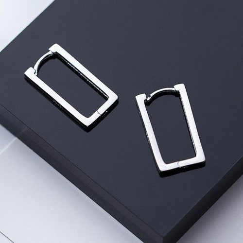 Pair of Medium Rectangular Hoop Earrings in Sterling Silver - Etsy