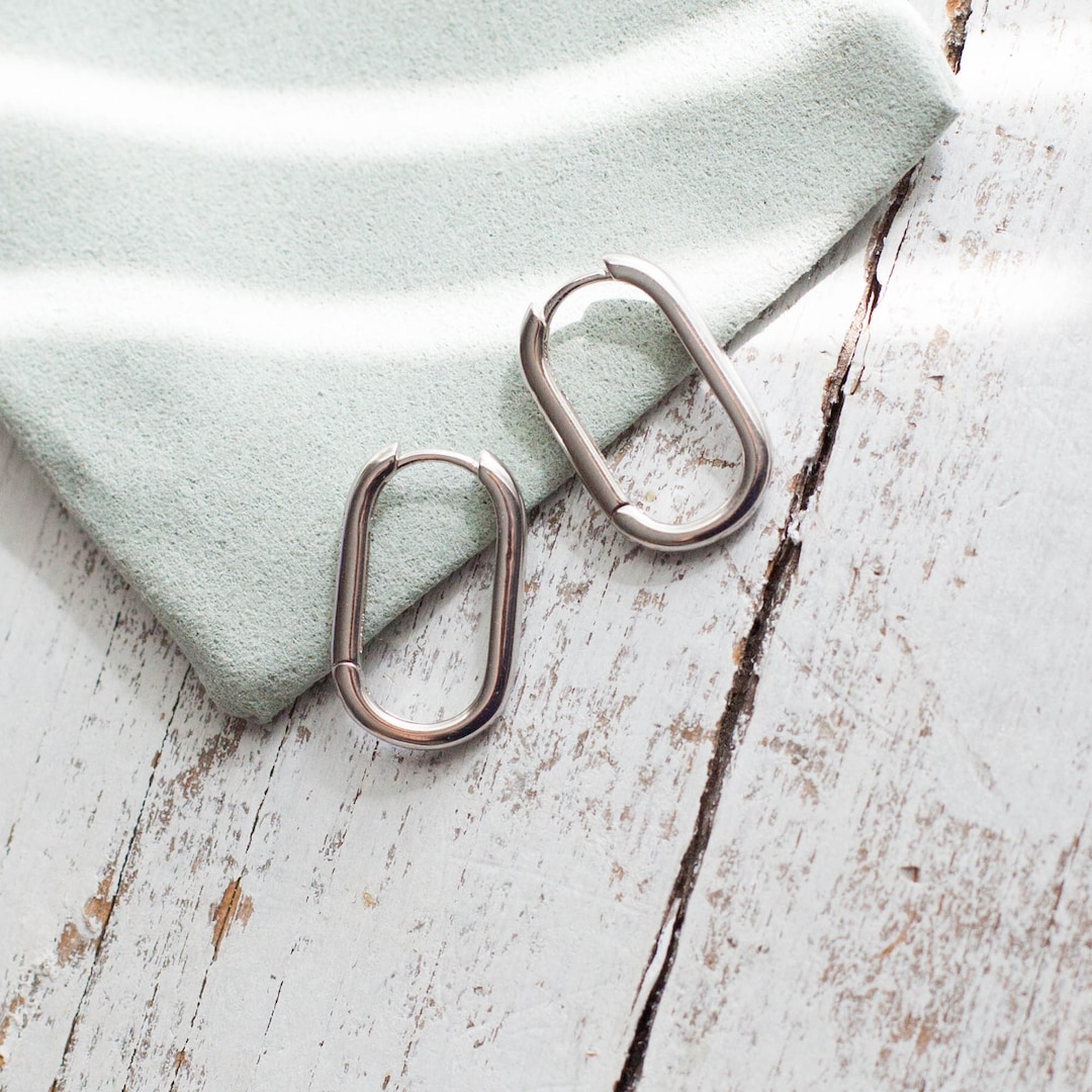Pair of Medium Rectangular Hoop Earrings in Sterling Silver, Oval Hoop ...
