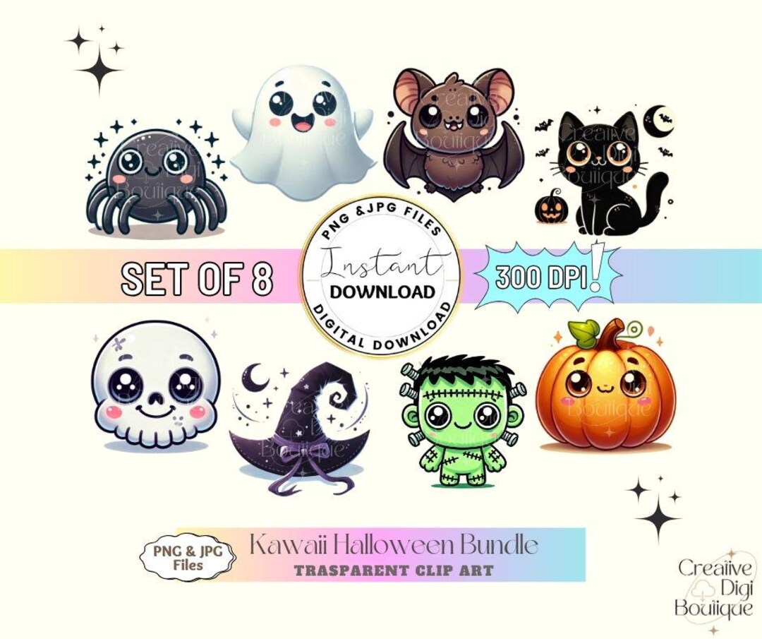 Kawaii Halloween Clipart Bundle Cute Spider Ghost Witch Hat Pumpkin ...