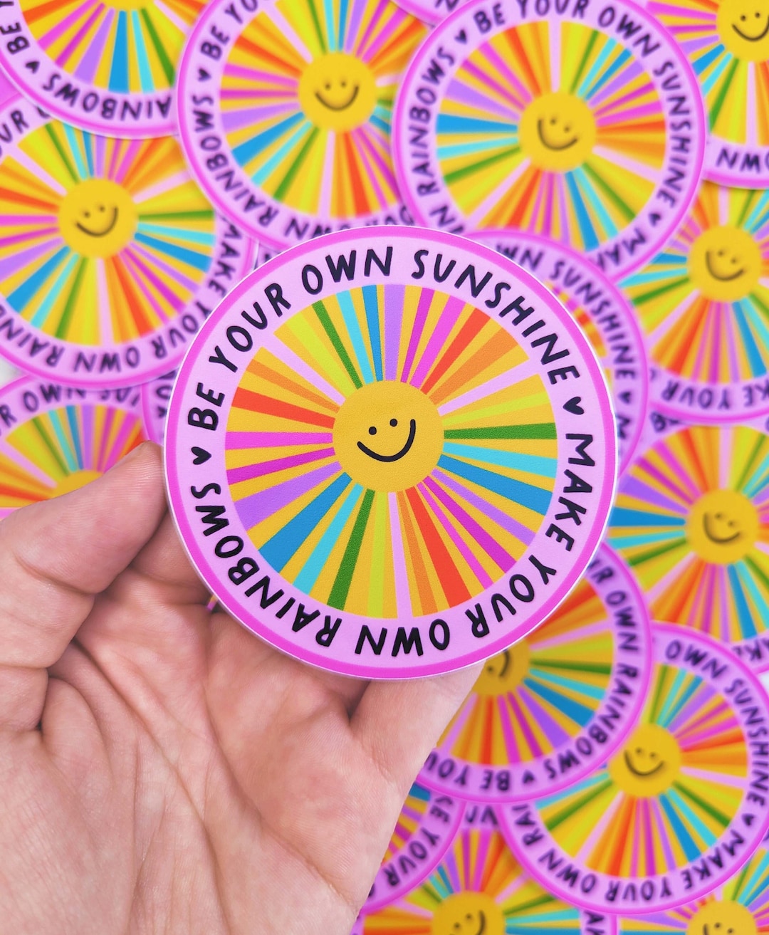 Sunshine & Rainbows Happy Little Sun Sticker, Cute Rainbow Smiling Face ...