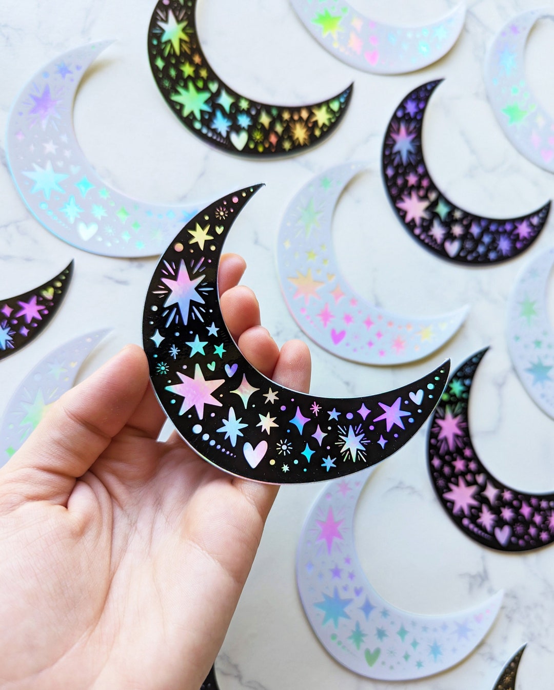 Holographic Moon & Stars Sticker Holo Celestial Night Sky Crescent Moon ...