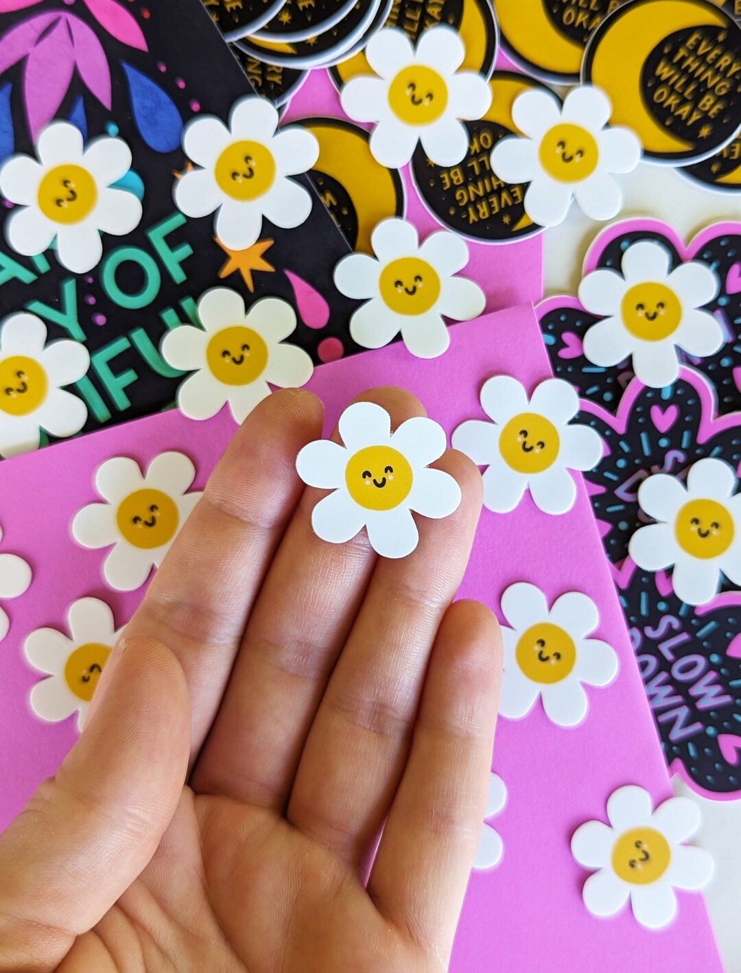 Mini Happy & Cute Daisy Sticker Pack of 3+ Small 1" Flower Smiling ...