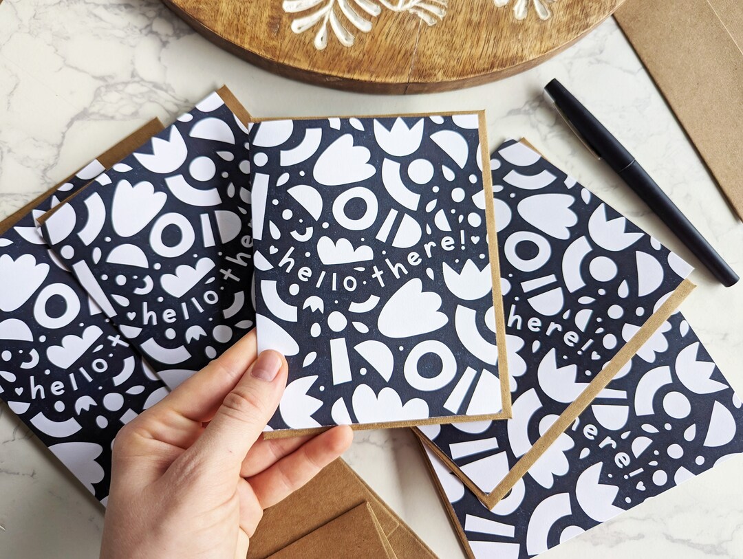 Recycled Kraft Greeting Card: Black & White Abstract 'hello There' - Etsy
