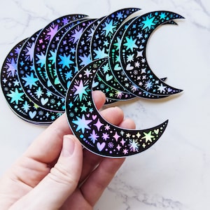 Holographic Crescent Moon & Stars Sticker: Waterproof Vinyl Decal - Etsy