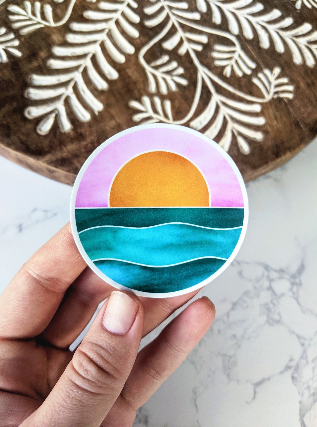 Teal Aesthetic Ocean Sunset Sticker Sun & Waves Sticker for Laptop, Car ...