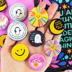 NEW! Happy Little Sun Button Pins 1.5" Happy Positive Rainbow Colorful ...
