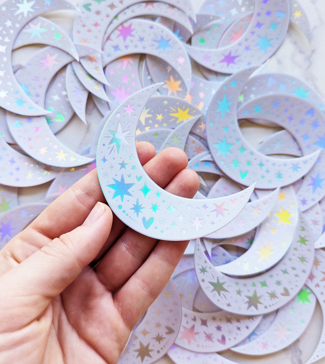 Holographic Crescent Moon & Stars Sticker: Waterproof Vinyl Decal - Etsy
