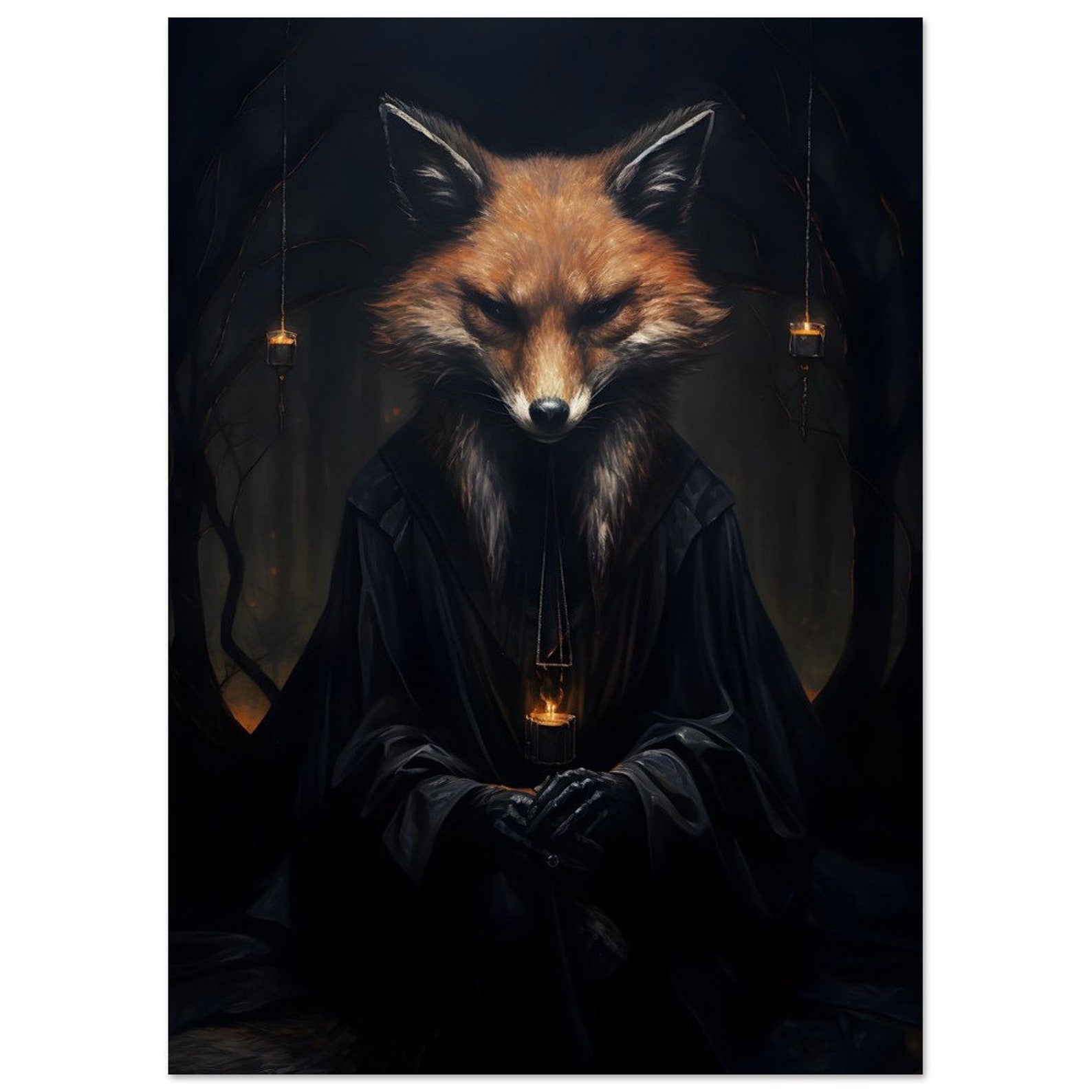 Gothic Fox Magician in Cloak, Goth Home Decor, Art Poster Print, Dark ...