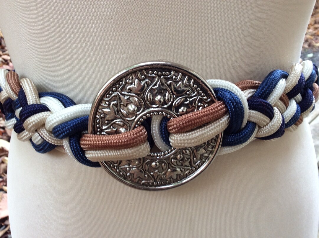 Vintage Women's Navy Nautical Braid Rope Belt Blue Creamy White Rose ...
