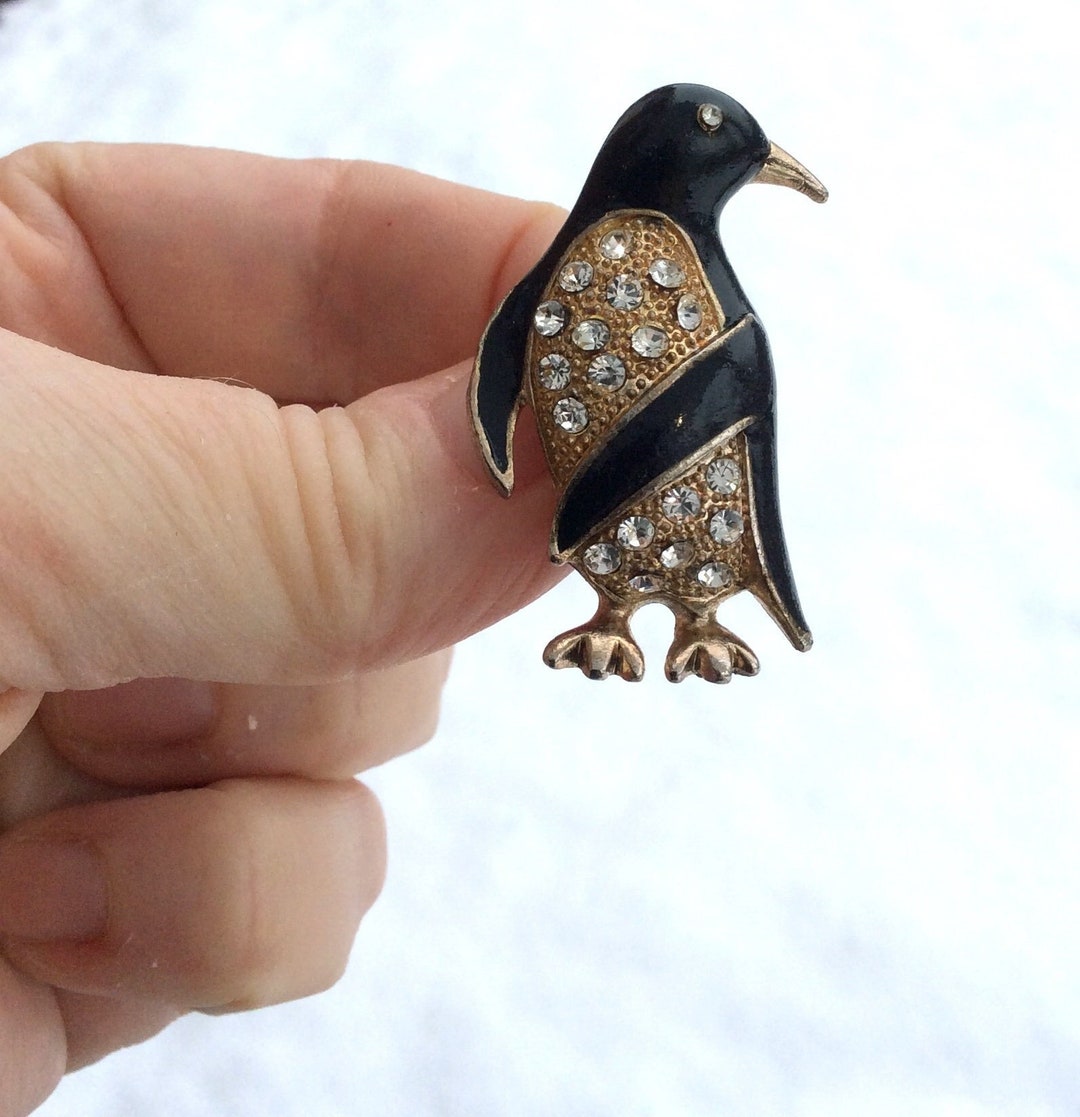 Vintage Penguin Brooch Pin Jewelled Rhinestone Black Enamel Fashion ...
