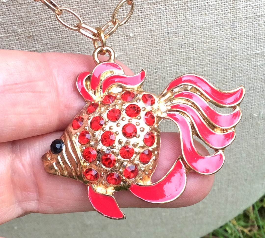 Vintage Red Rhinestone Fish Pendant Necklace Enamel Guppie Goldfish ...