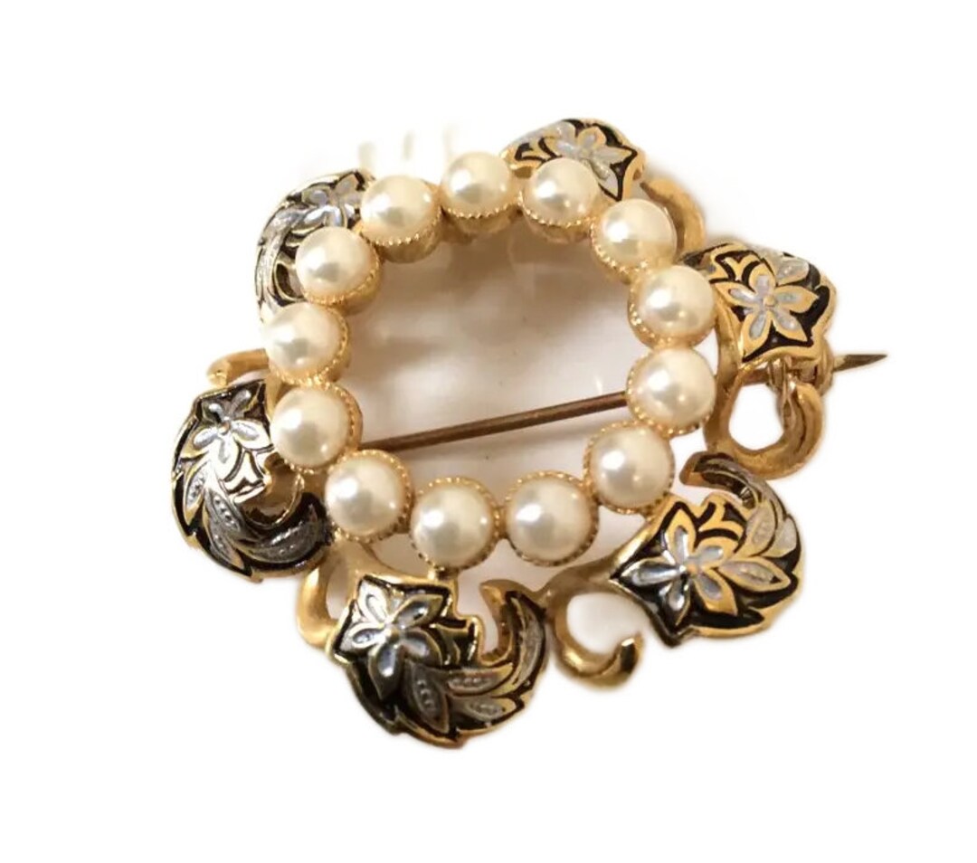 Vintage Damascene Style Spanish Pearl Wreath Brooch Gold Tone Luxury ...