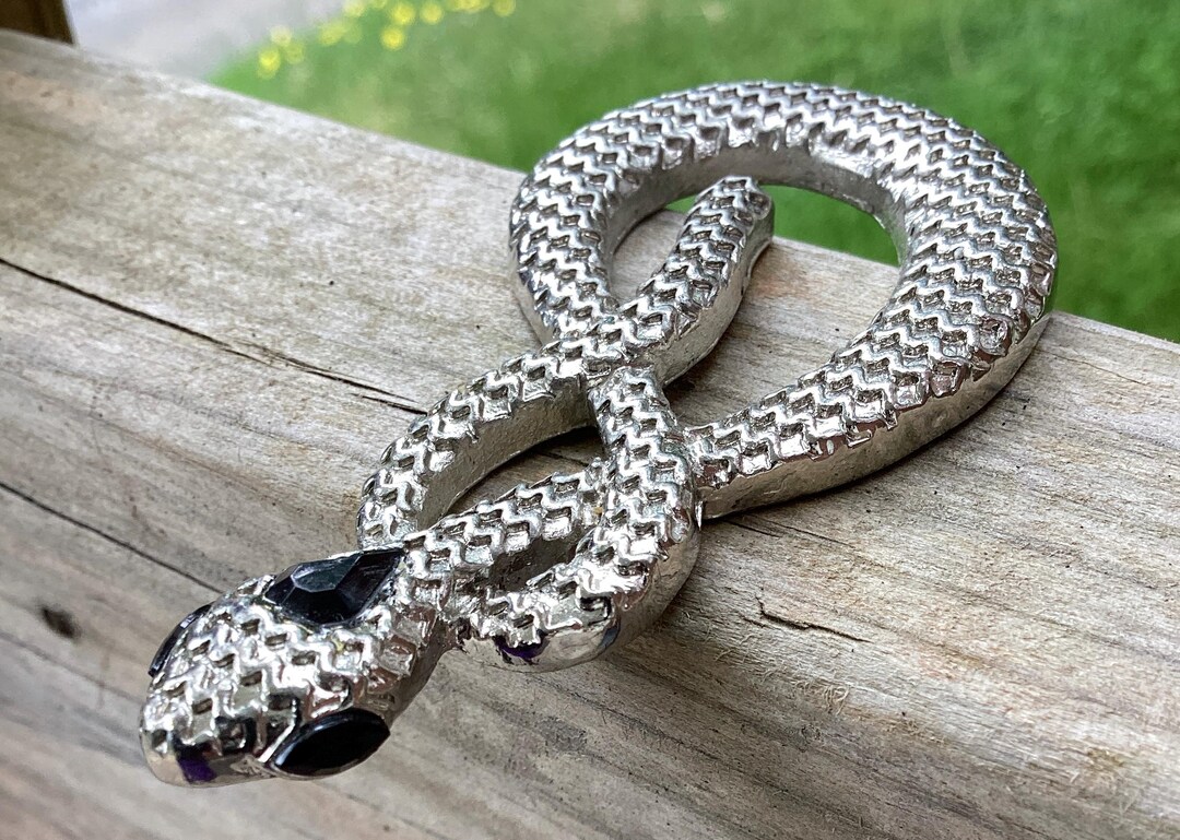 Vintage Big Serpent Snake Pendant Necklace Silver Black Enamel ...