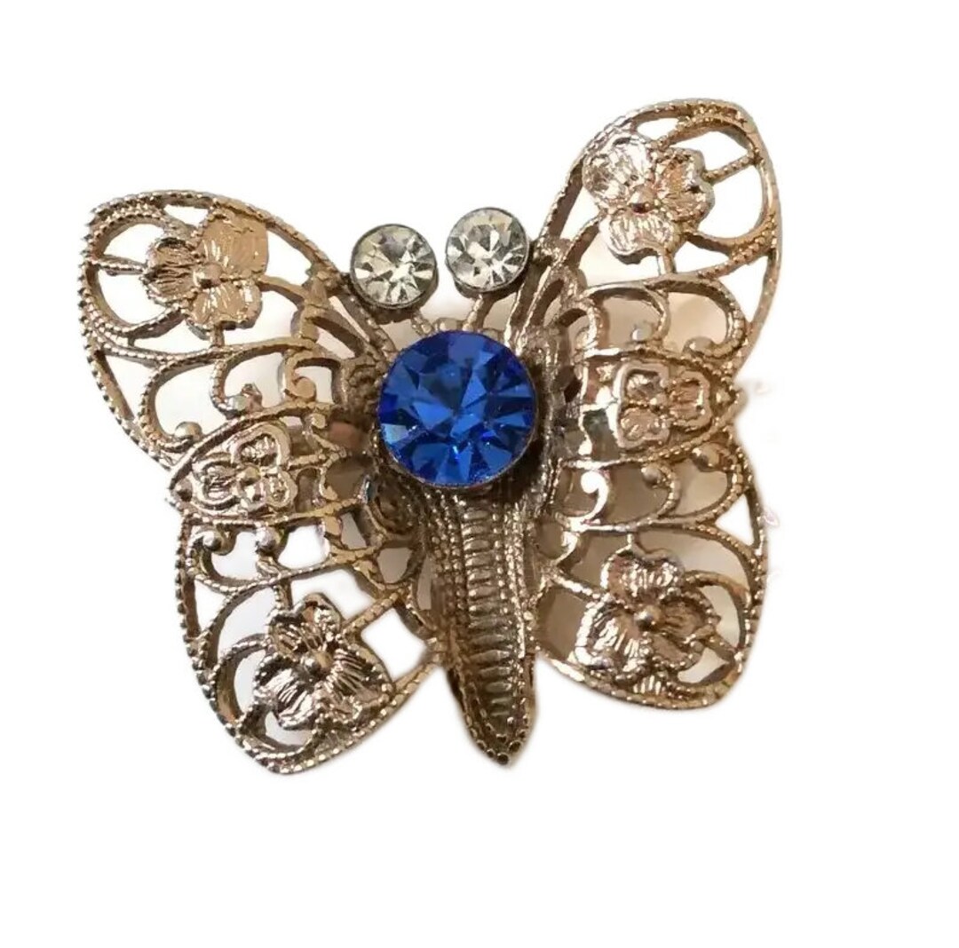 Vintage Butterfly Moth Brooch Pin Gold Tone Filigree Ornate Blue ...