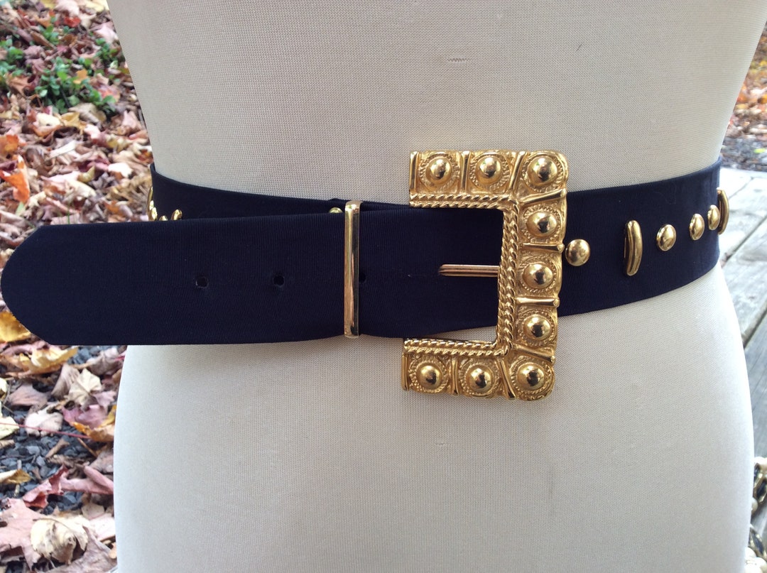 Vintage Women's Black Belt With Big Square Ornate Gold Buckle, Large ...