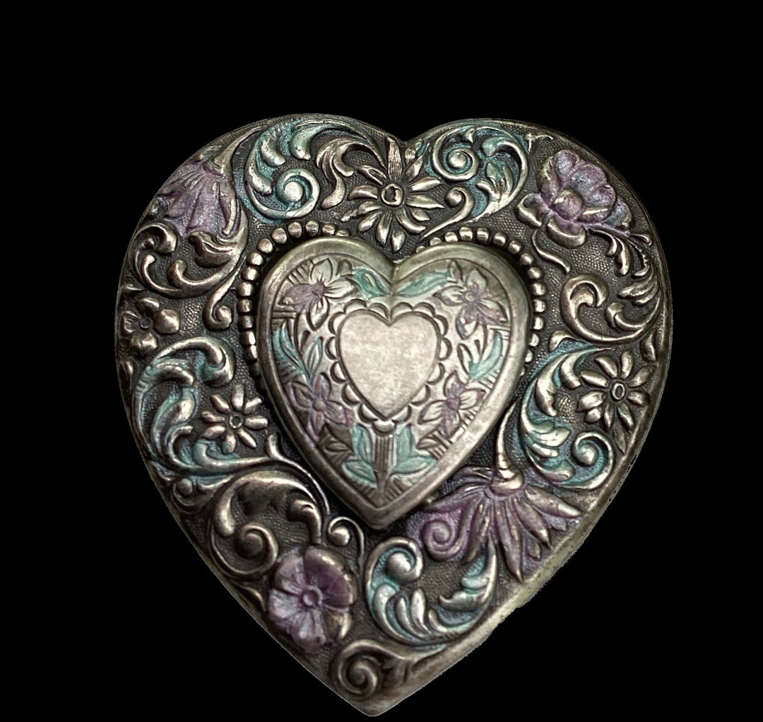 Vintage Filigree Heart Locket Pastel Enamel Brooch, Embossed Antiqued ...