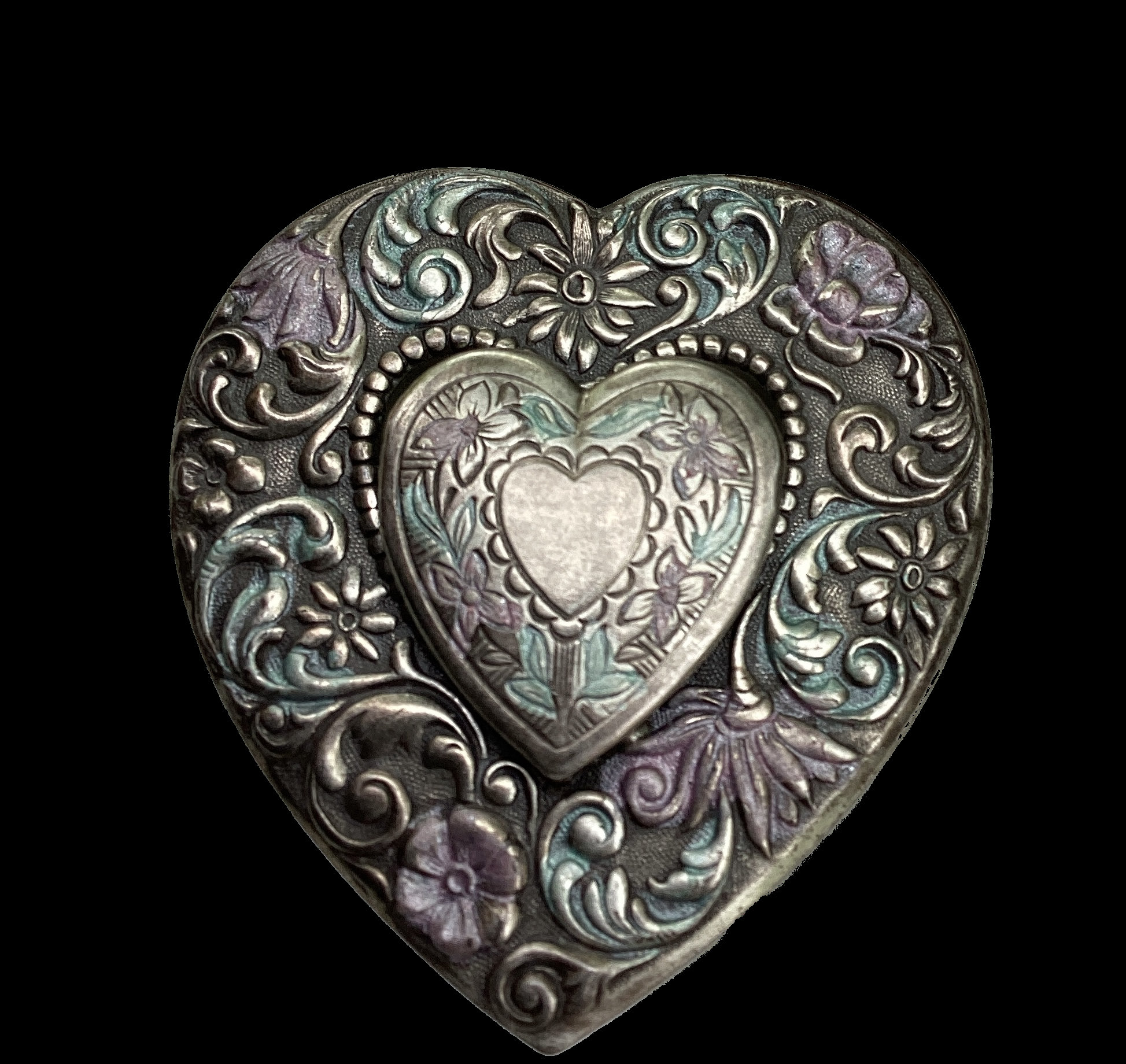 Vintage Filigree Heart Locket Pastel Enamel Brooch, Embossed Antiqued ...