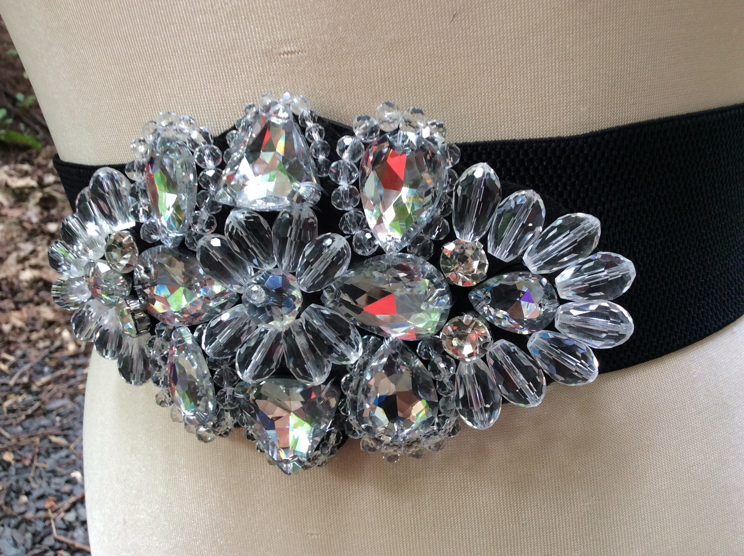Vintage Women's Wide Black Stretch Rhinestone Belt, Big Fashion ...