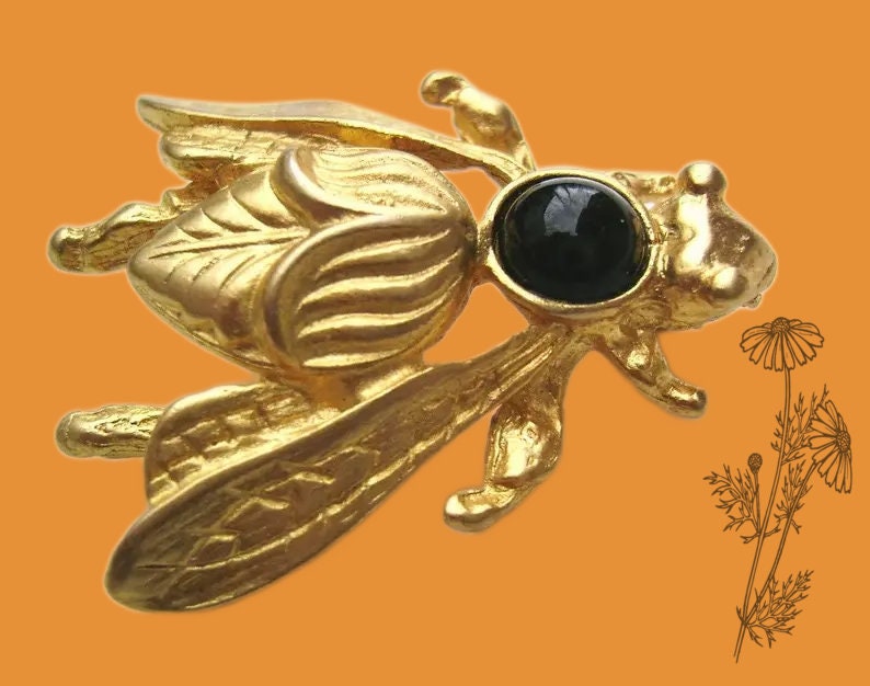 Vintage Big Gold Fly Onyx Bumblebee Brooch Insect Jelly Belly Brooch ...