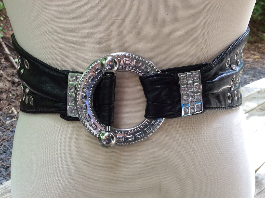 Vintage Women's Wide Black Vinyl Stretch Belt, Rhinestone Studded Cinch ...