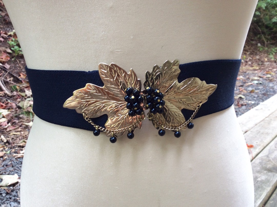 Vintage Dark Blue Cinch Stretch Belt With Gold Tone Grape Leaves Buckle ...