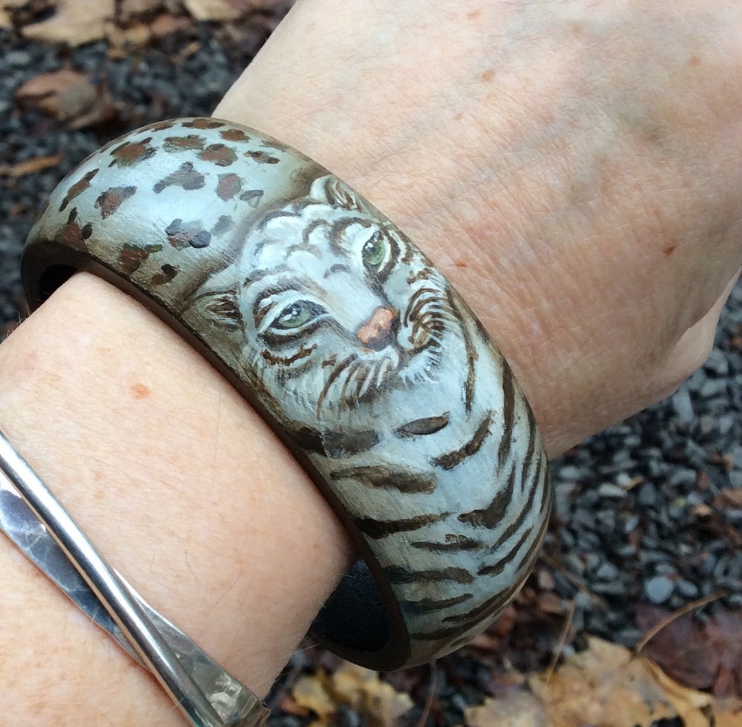 Vintage Hand Painted Wooden Wild Cat Bangle, Retro Signed Leopard Tiger Bracelet, Leopard Print ...