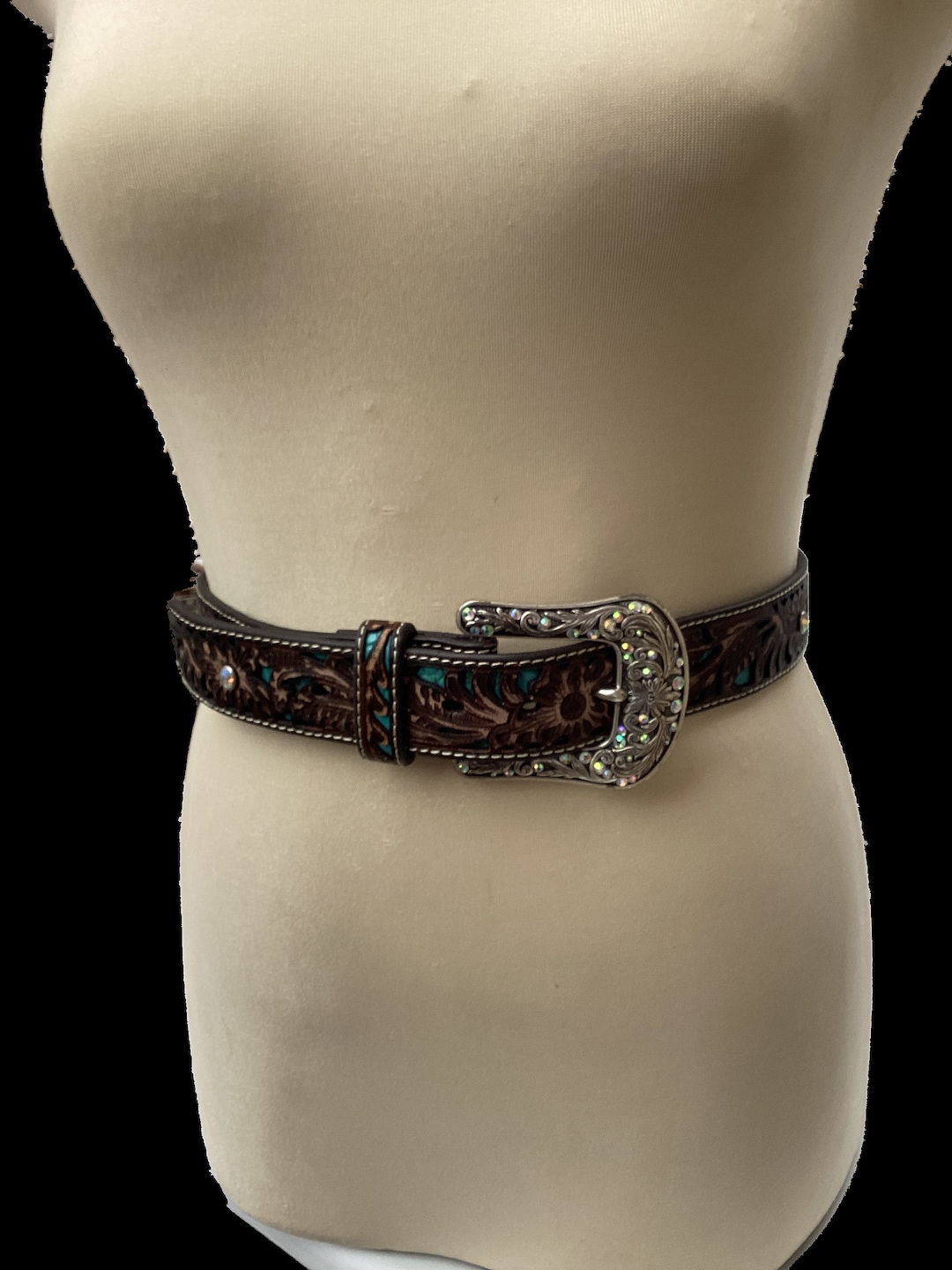 Vintage Ariat Designer Leather Embellished Bling Jewelled Belt, Western ...
