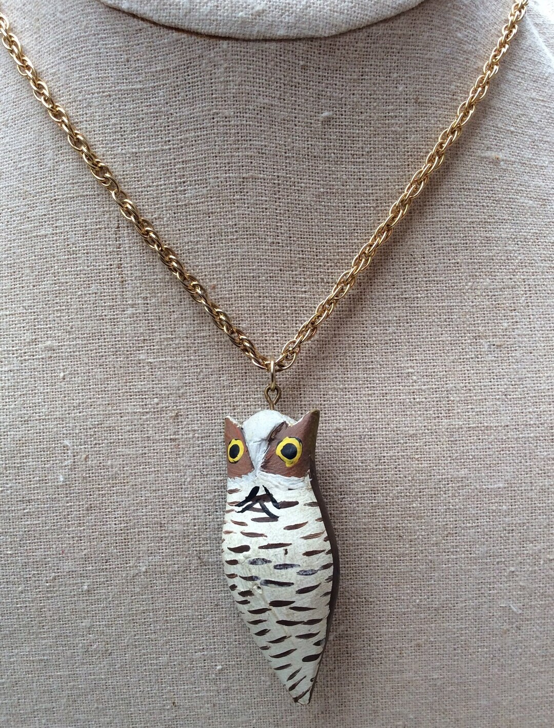 Vintage Wooden Hand Painted Carved Owl Pendant Necklace, Nature Earth ...
