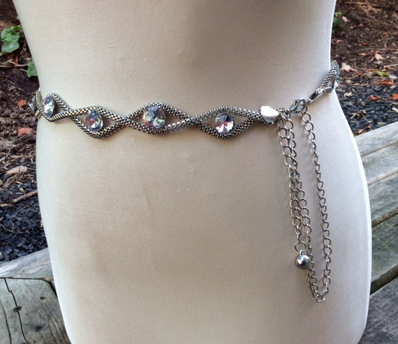 Vintage chain link belts Unique silver tone coil rhin… - Gem