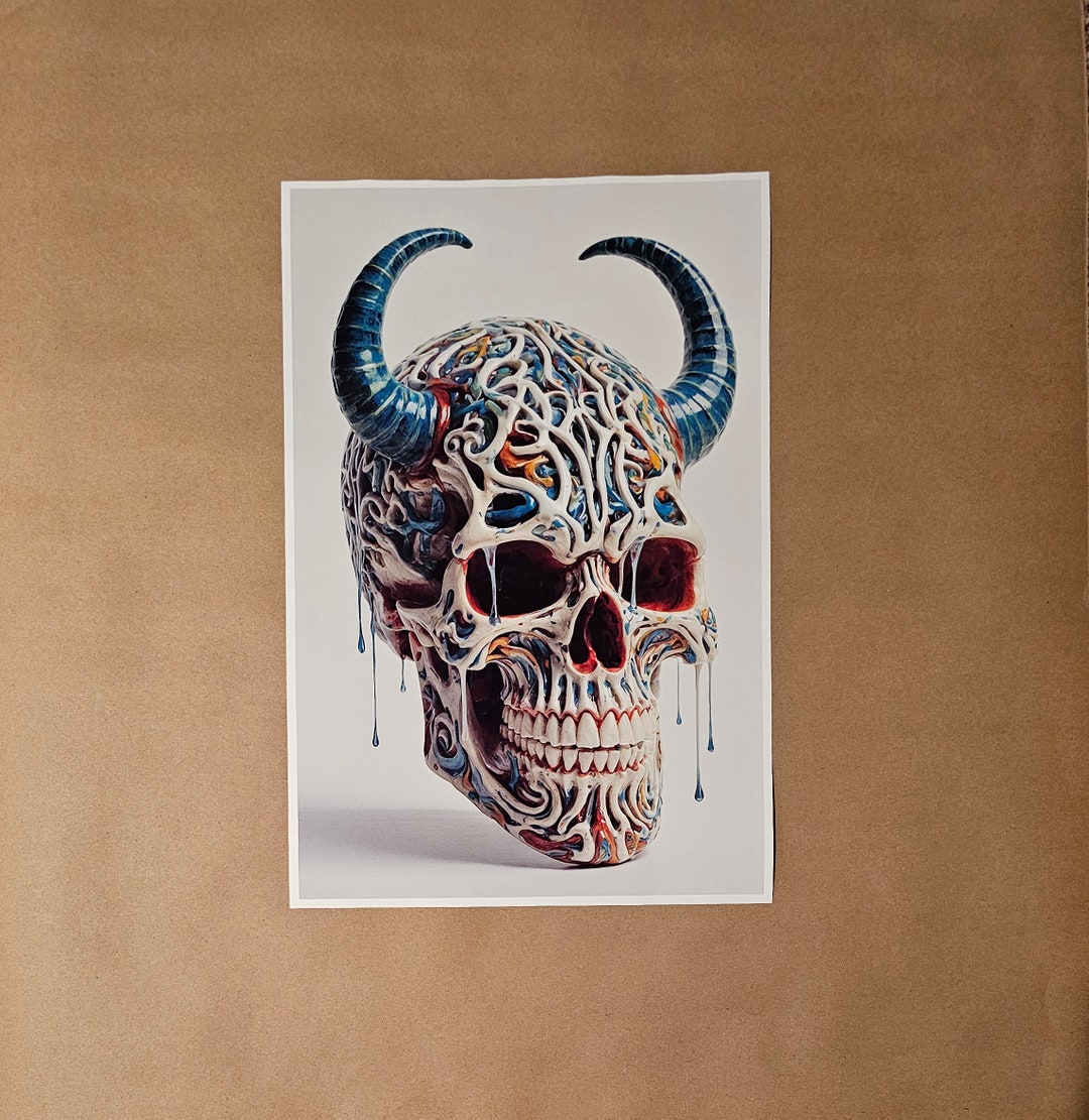 Skull Poster neon Trippy 3D Look Scary Evil Halloween Devil Day of the ...