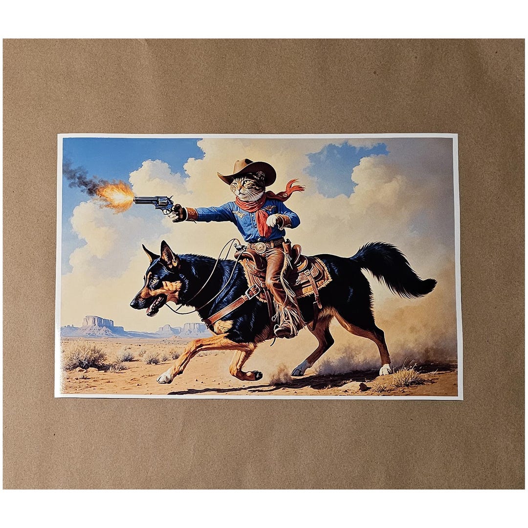 Cowboy Cat Rides Dog Poster Frederic Remington Painting Look German ...