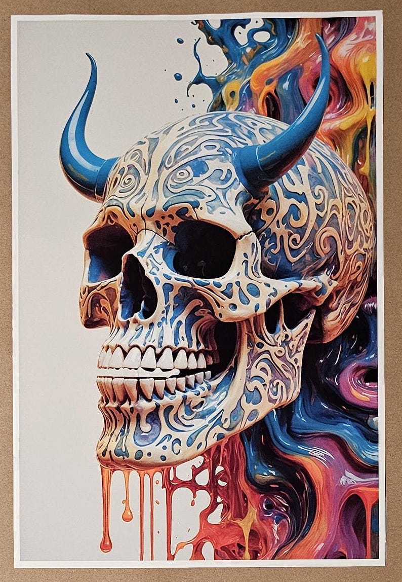 Skull Poster Neon Trippy 3D Look Scary Evil Halloween Devil Day of Dead ...
