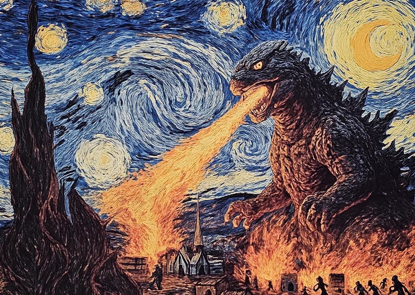 Godzilla Starry Night Van Gogh PRINT Fire Breathing Monster Classic ...