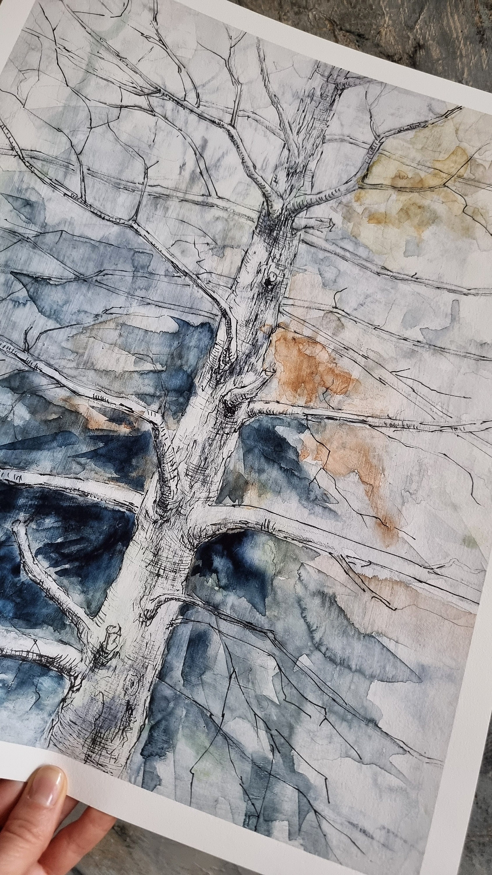 Abstract Autumn Tree Watercolor Ink Drawing, Contemporary Art Print ...