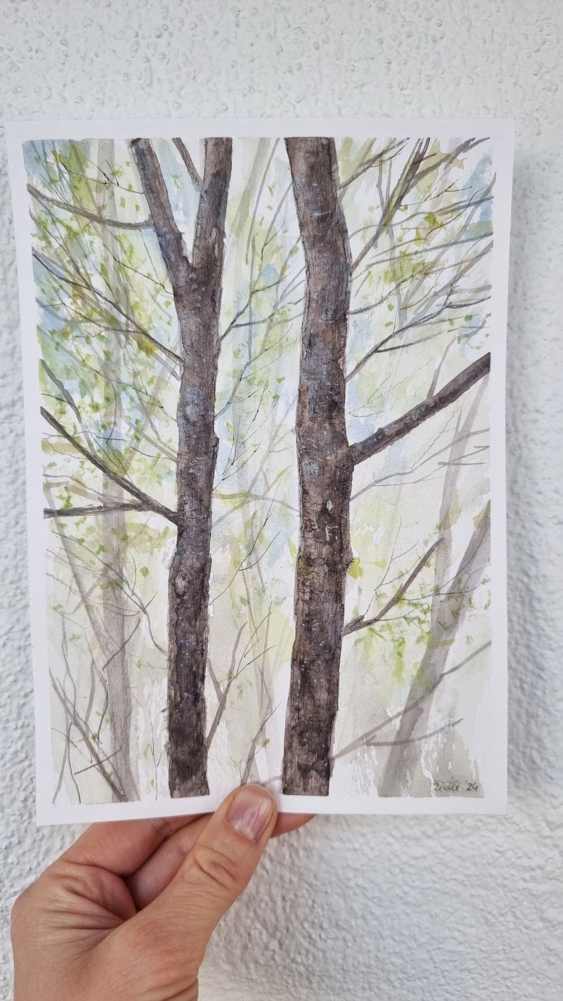 Spring Trees Forest Watercolor Painting, Landscape One of a Kind ...