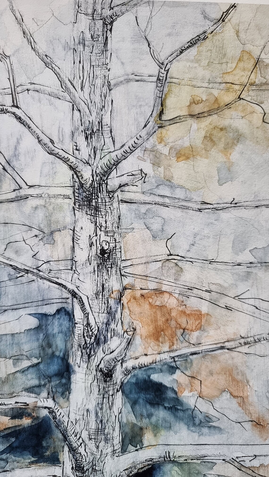 Abstract Autumn Tree Watercolor Ink Drawing, Contemporary Art Print ...
