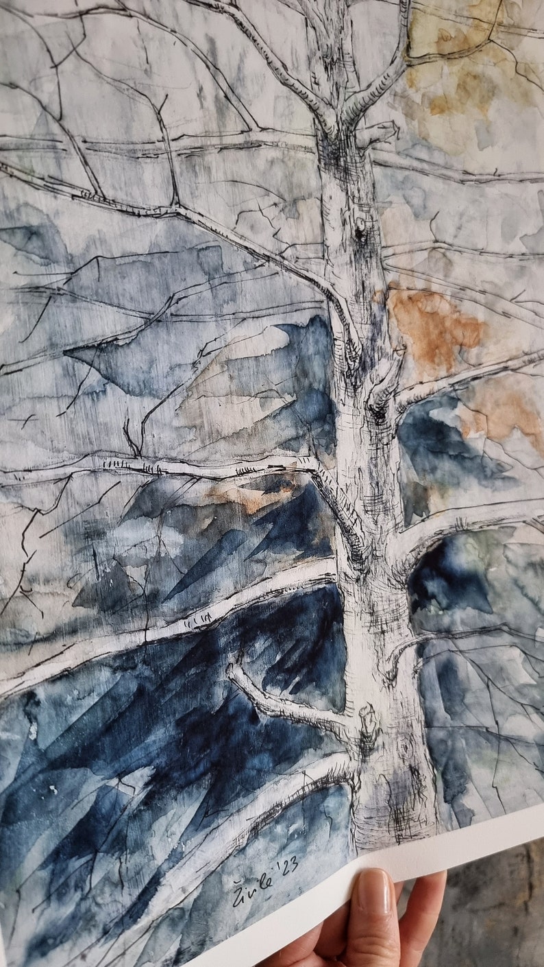 Abstract Autumn Tree Watercolor Ink Drawing, Contemporary Art Print ...