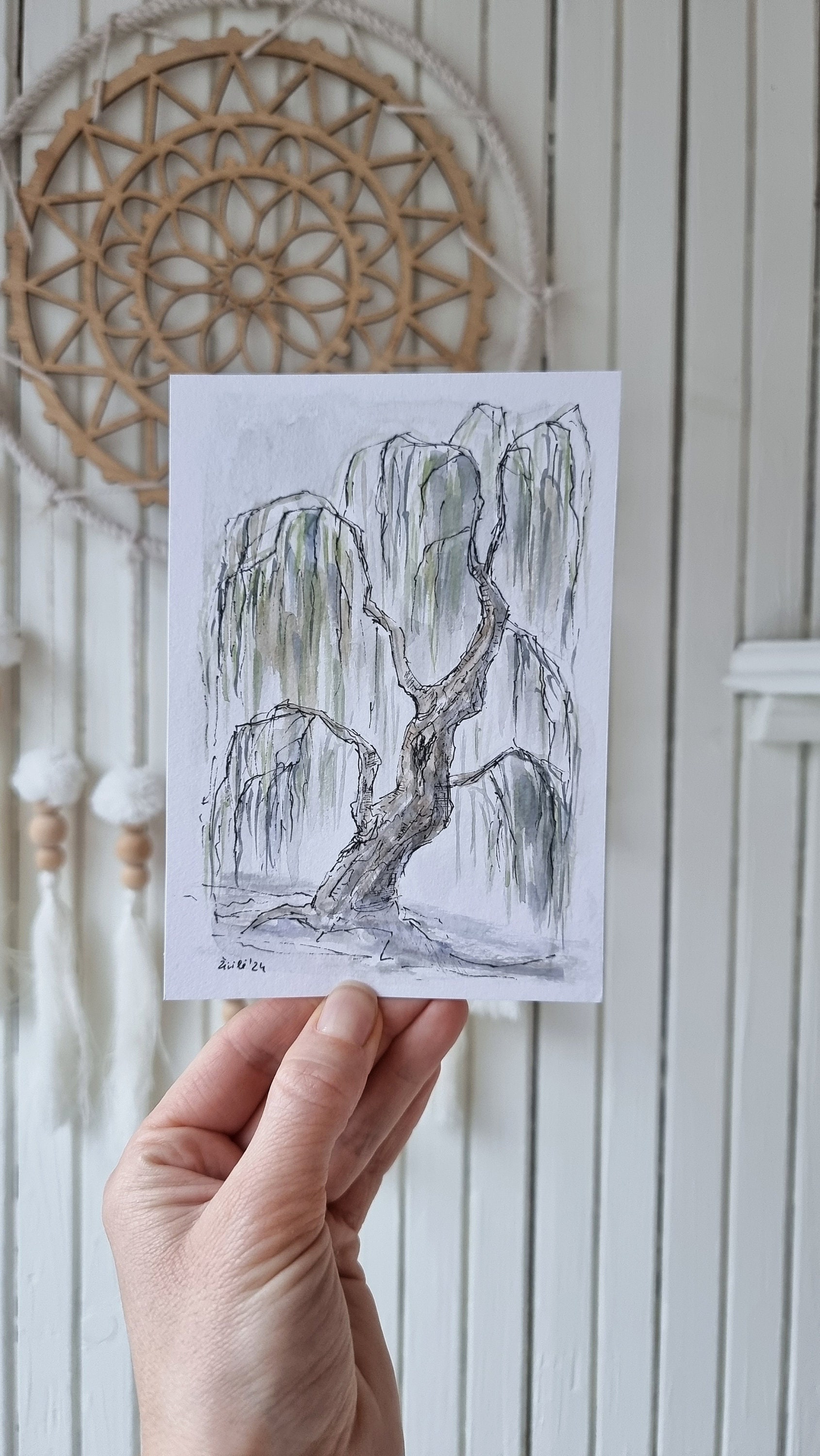 Willow Tree Illustration, Tree Drawing Postcard, Cute Housewarming Gift ...