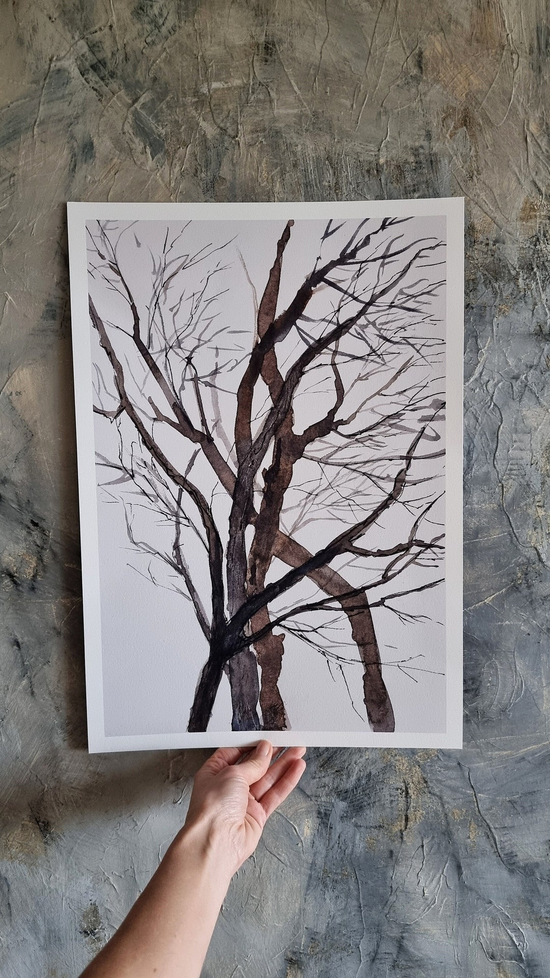 Abstract Line Art Bare Tree Poster, Minimalist Watercolor Painting ...