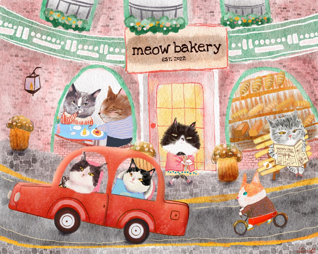 Cat Cafe Art Print: Whimsical Bakery Scene, Pet Lover Gift - Etsy