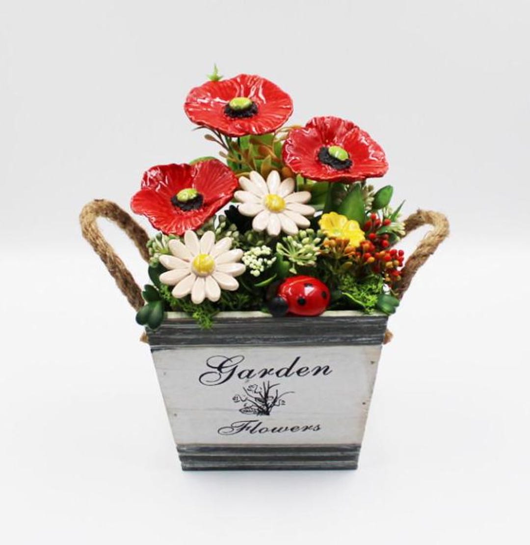 Poppy, Daisy Flower Box, Handmade Ceramic Flower Bouquet in Wooden Box ...