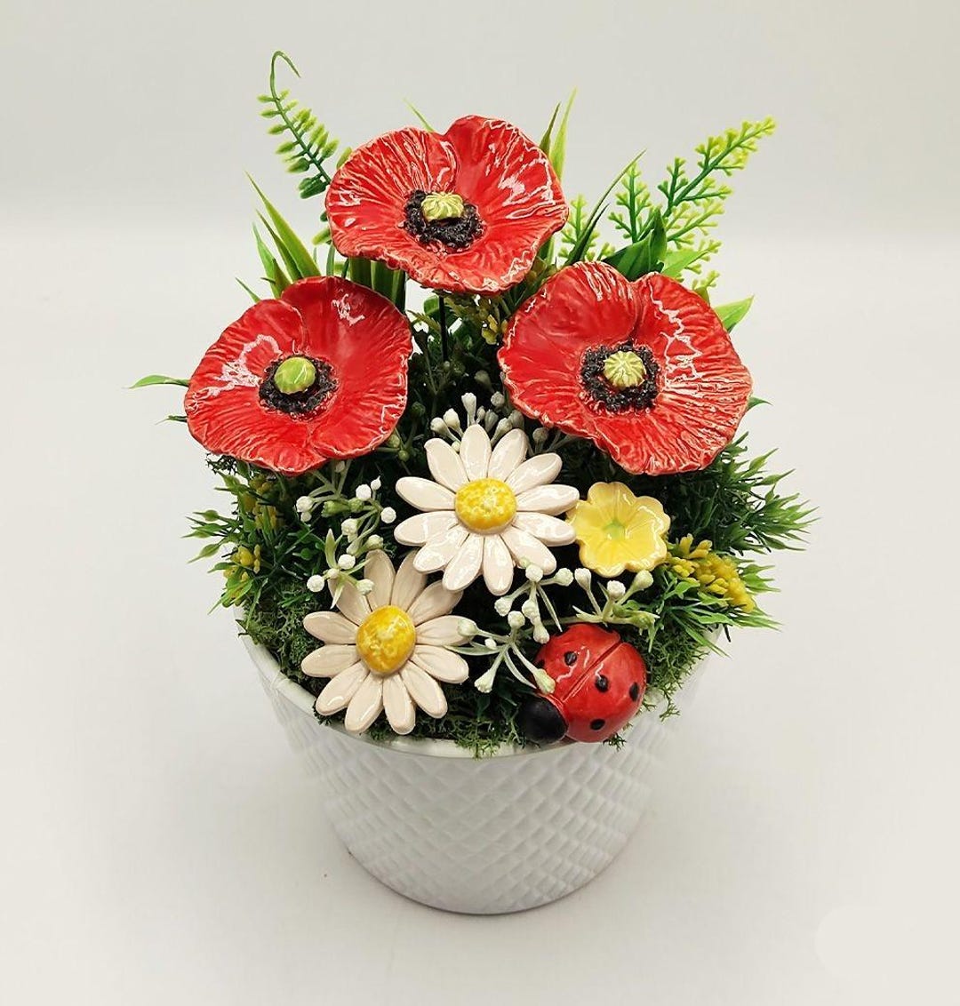 Poppy, Daisy Flower Bouquet in Flowerpot, Handmade Ceramic Flower ...