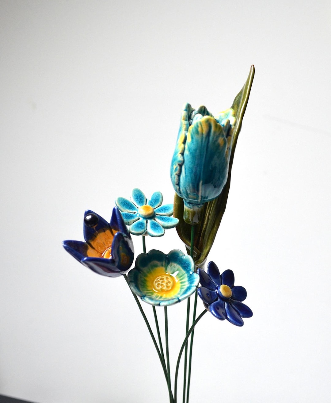Blue Ceramic Flowers in Bouquet, Handmade Ceramic Flower, Decor - Etsy