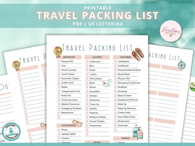 Printable Travel Check List, Travel Packing List, Digital Travel ...
