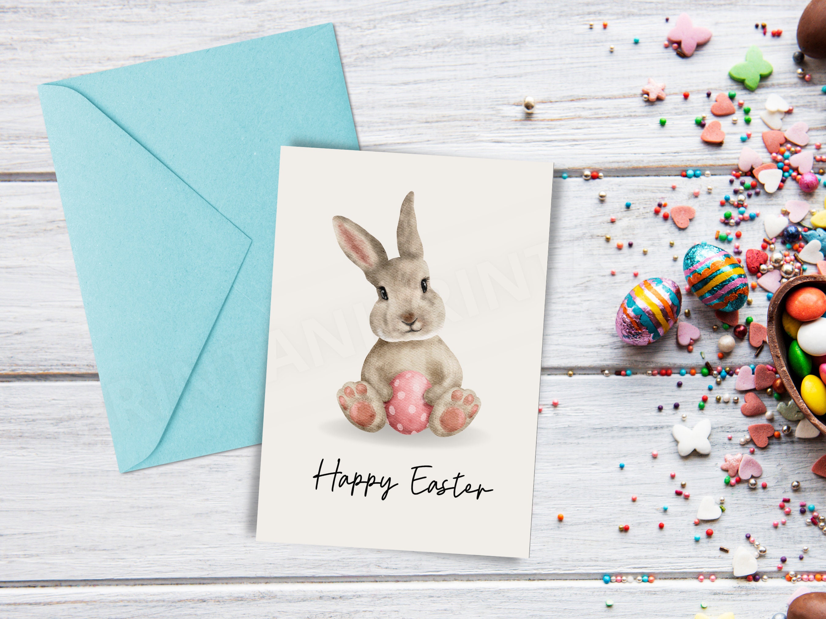 Printable Easter Bunny Greeting Card, Happy Easter Printable Card, Cute ...