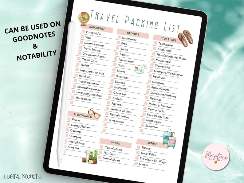 Printable Travel Check List, Travel Packing List, Digital Travel ...