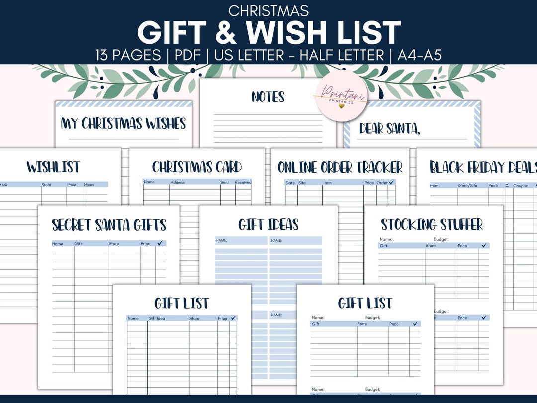 Printable Christmas Gift List and Wish List, Simple Blue Holiday ...