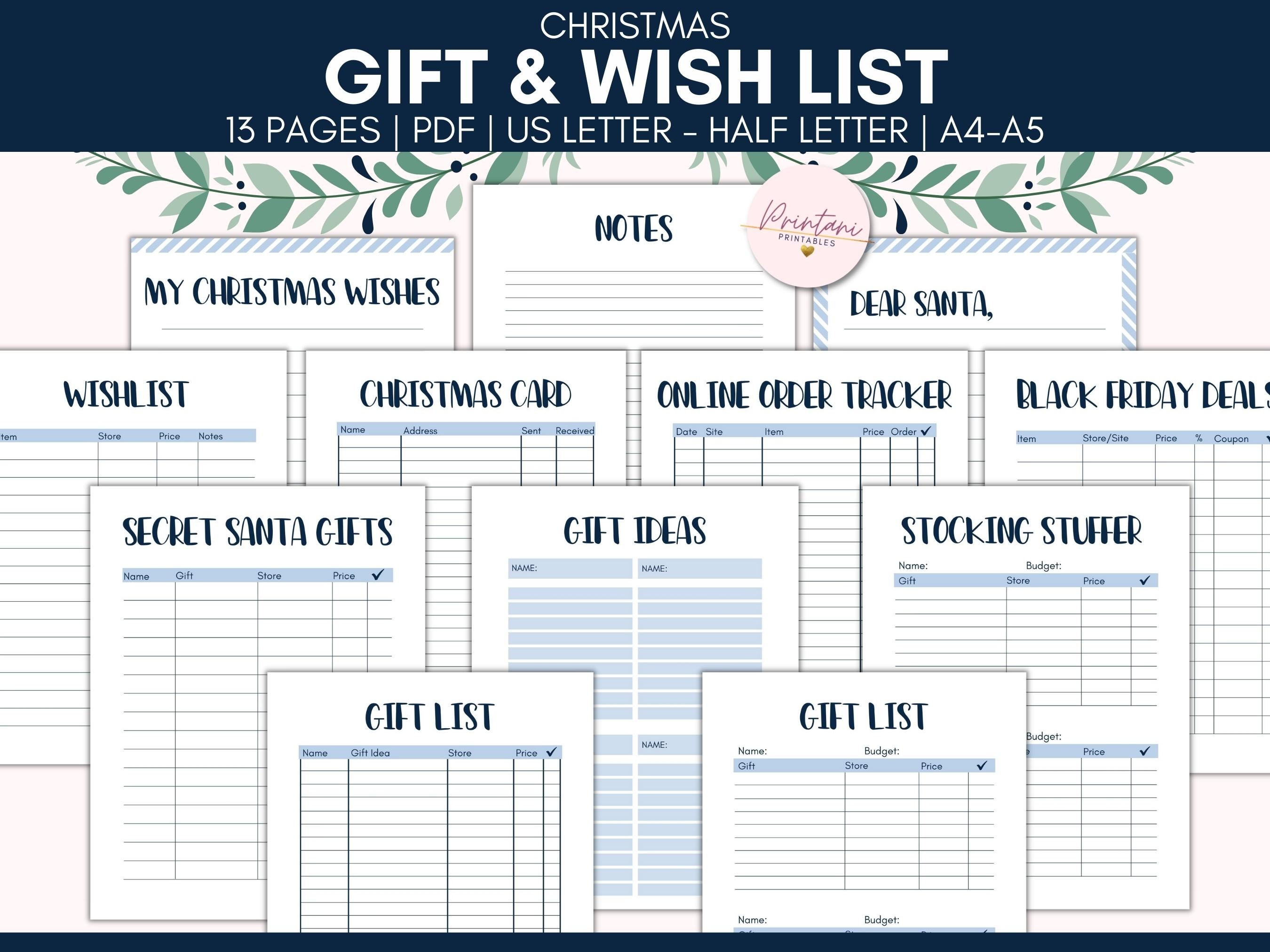 Printable Christmas Gift List and Wish List, Simple Blue Holiday ...
