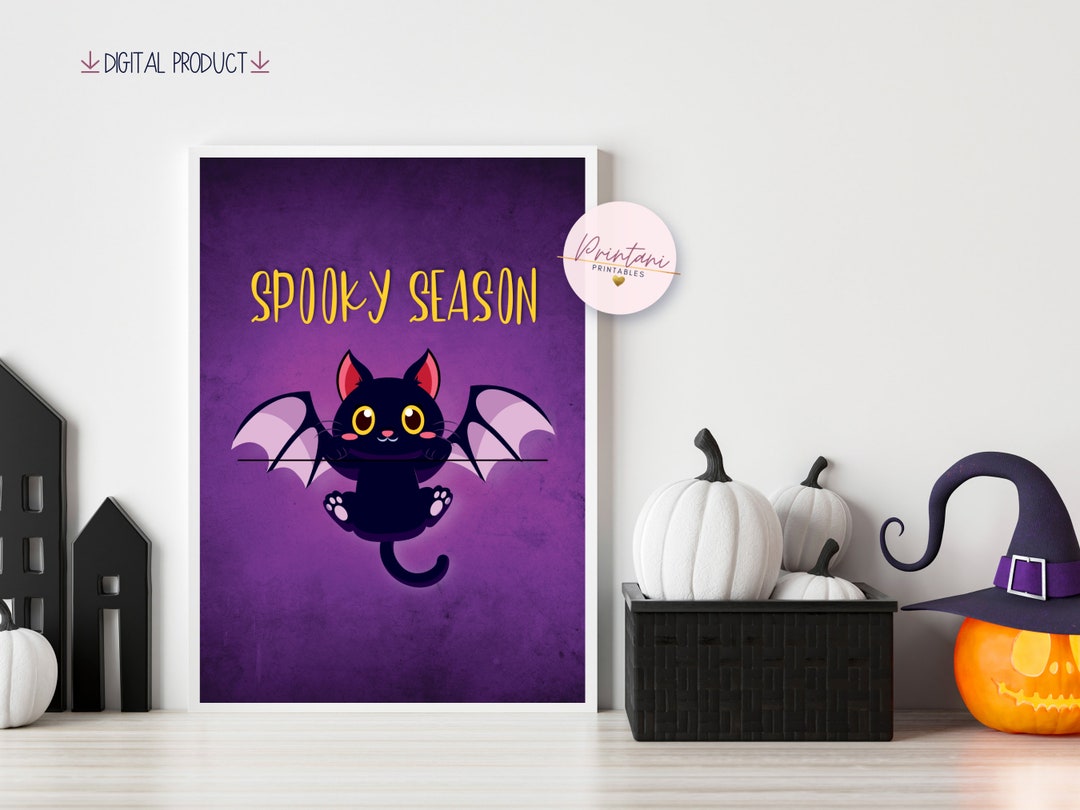PRINTABLE Halloween Spooky Season Bat Kitten Nursery Wall Art, Spooky ...