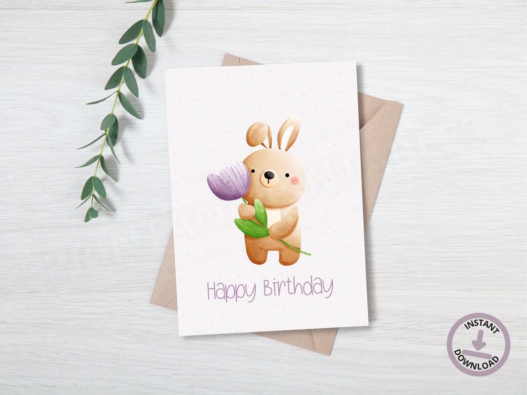 PRINTABLE Bunny Birthday Card, Digital Animal Birthday Card, Cute ...
